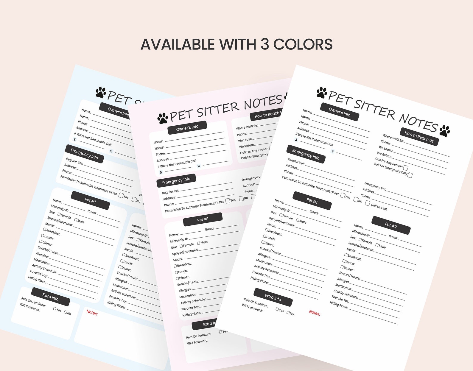 Pet Sitter Notes Printable Dog Sitter Notes Letter & A5 Size Pet Sitter ...