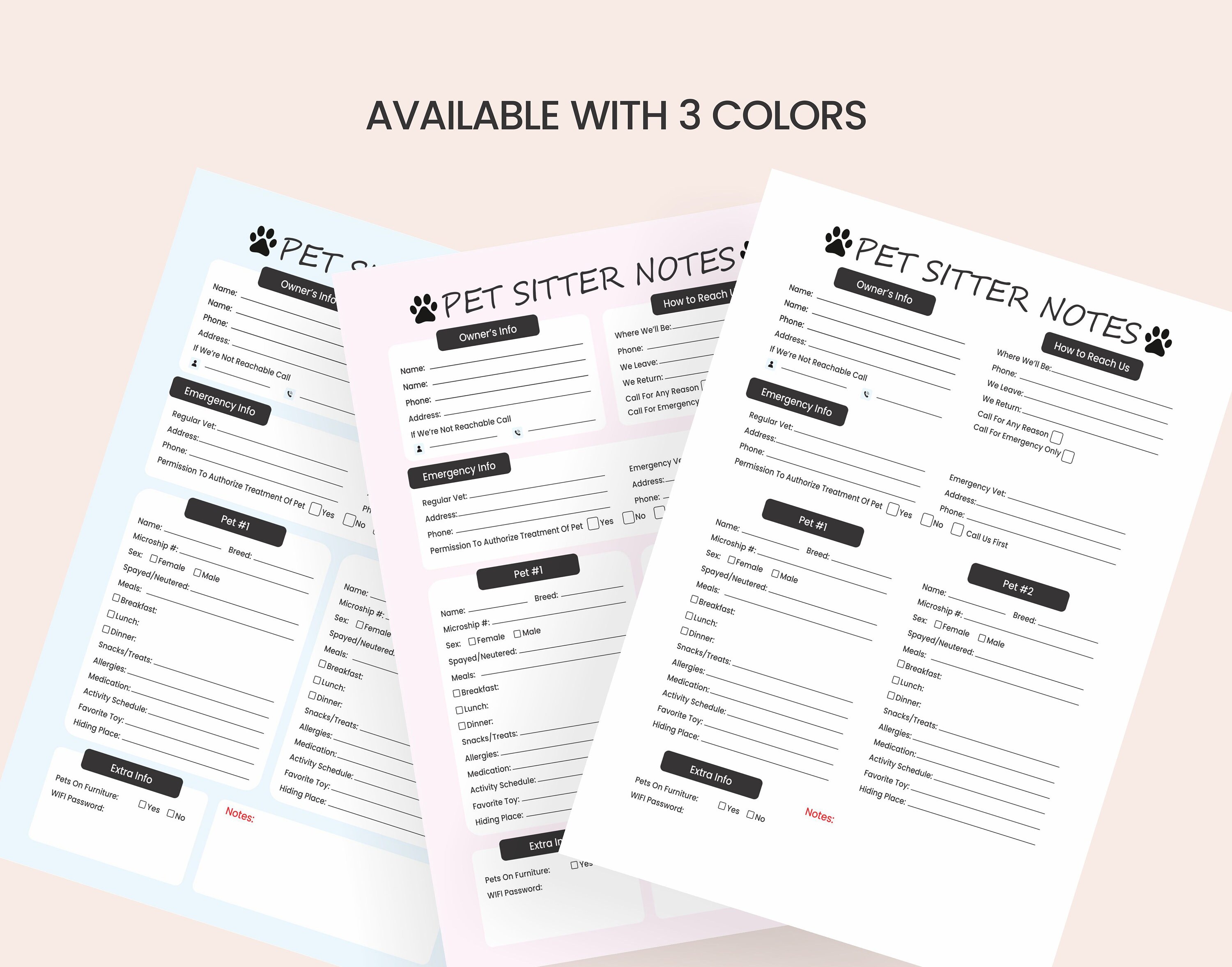 Pet Sitter Notes Printable Dog Sitter Notes Letter & A5 Size Pet Sitter ...