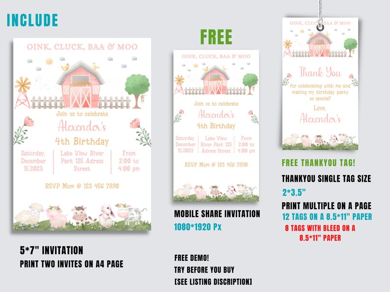 Farm Birthday Party Invitation Template, Farm Animals Birthday ...