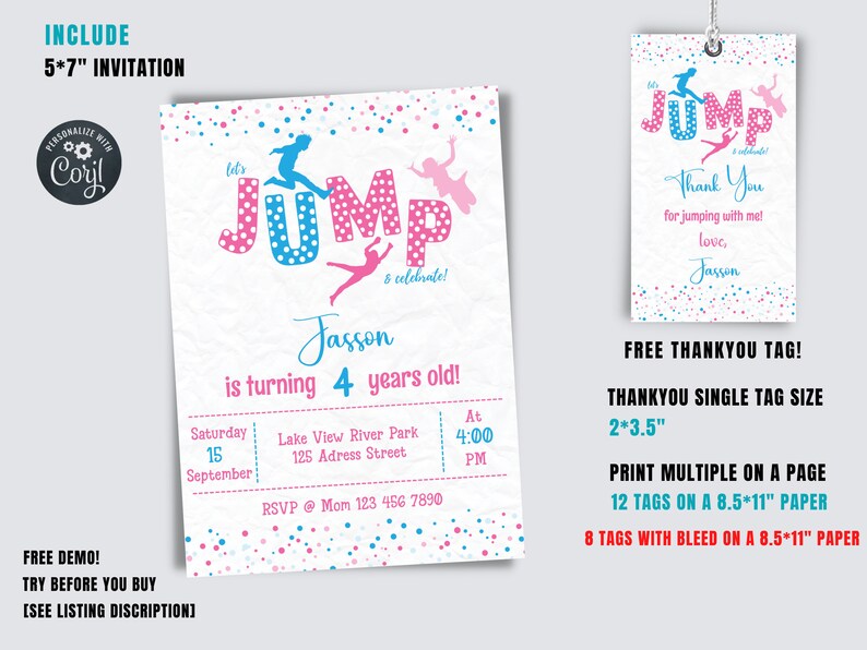 Trampoline Park Birthday Invitation, Trampoline Party, Jump Birthday ...