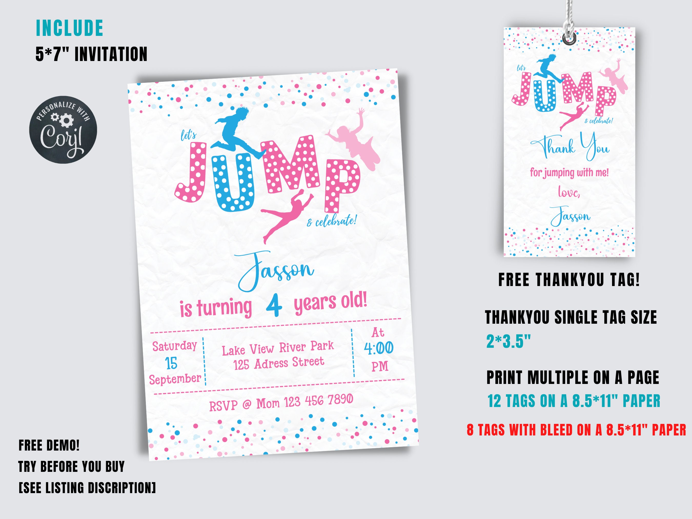 Trampoline Park Birthday Invitation, Trampoline Party, Jump Birthday ...