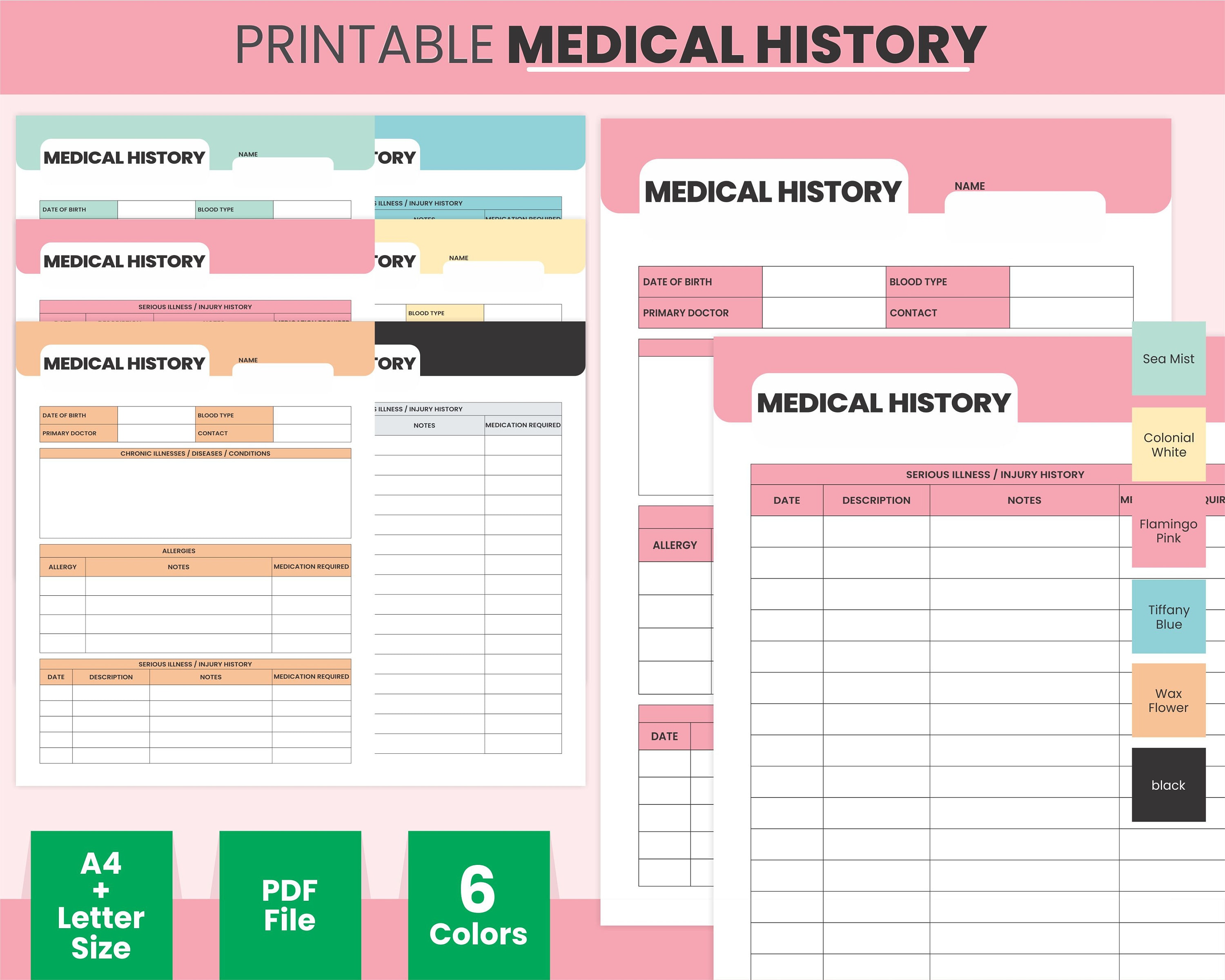 Printable A4 Medical History Form Template, Health Binder, Medical ...