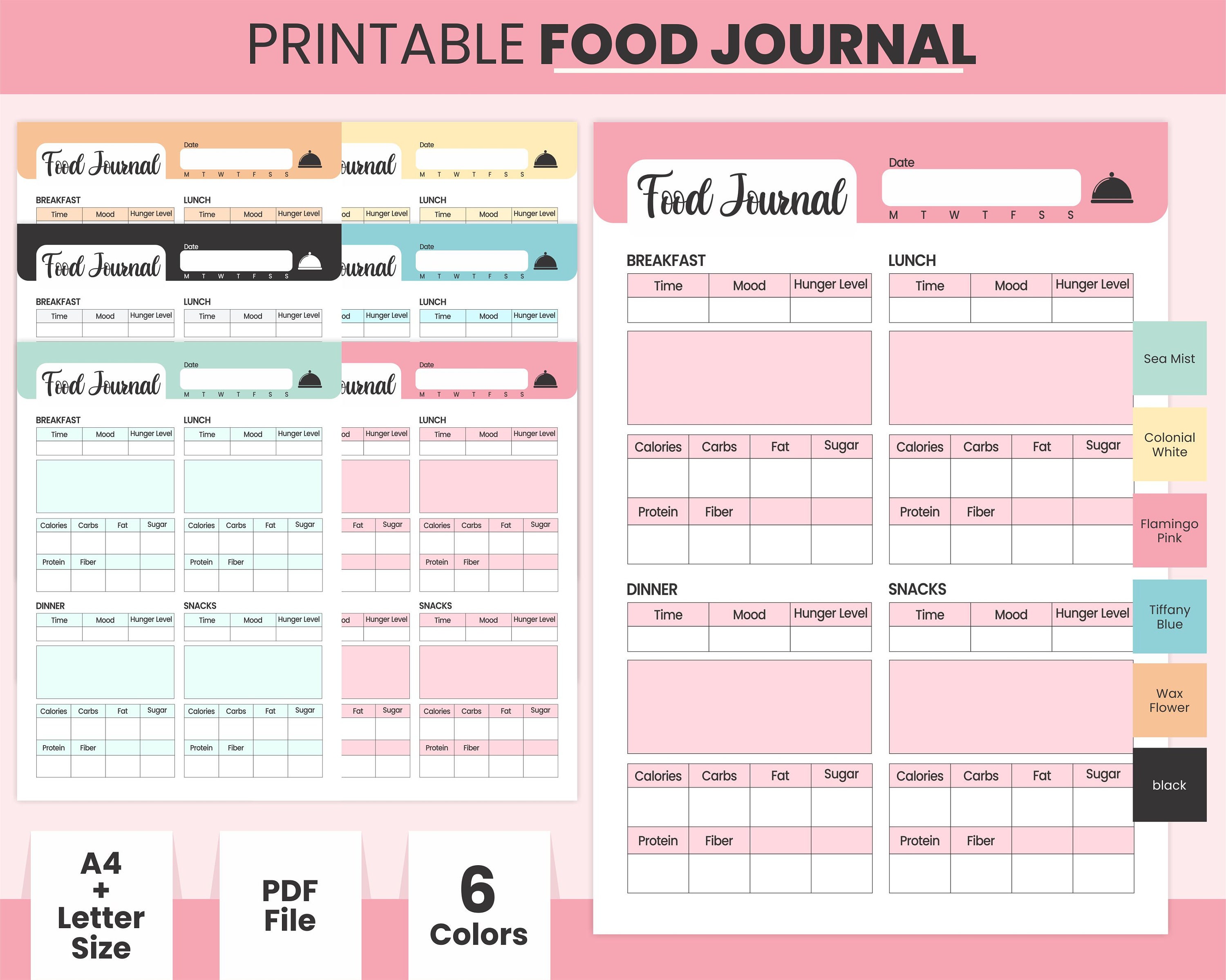 Printable Daily Food Journal, Colorful Meal Planner PDF Template ...