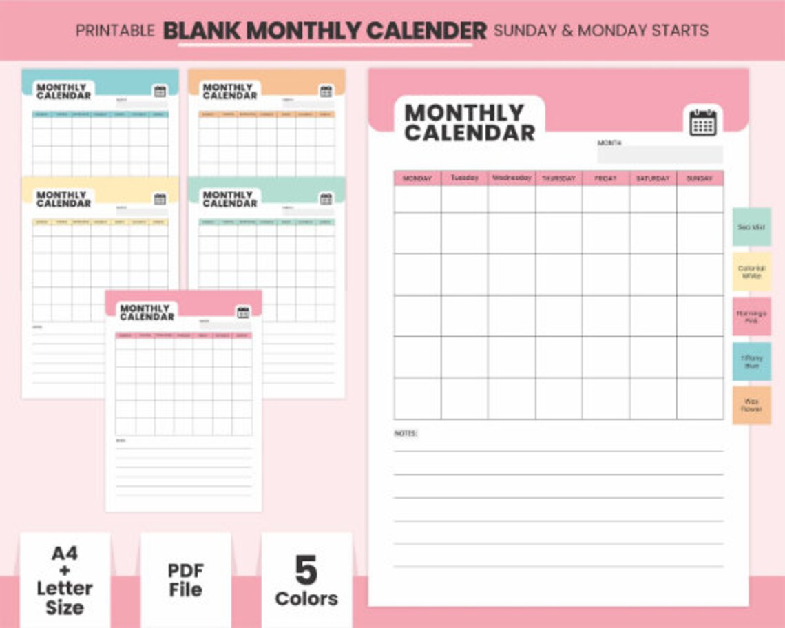 Printable Blank Calendar Page Template Digital Minimalist Downloadable ...