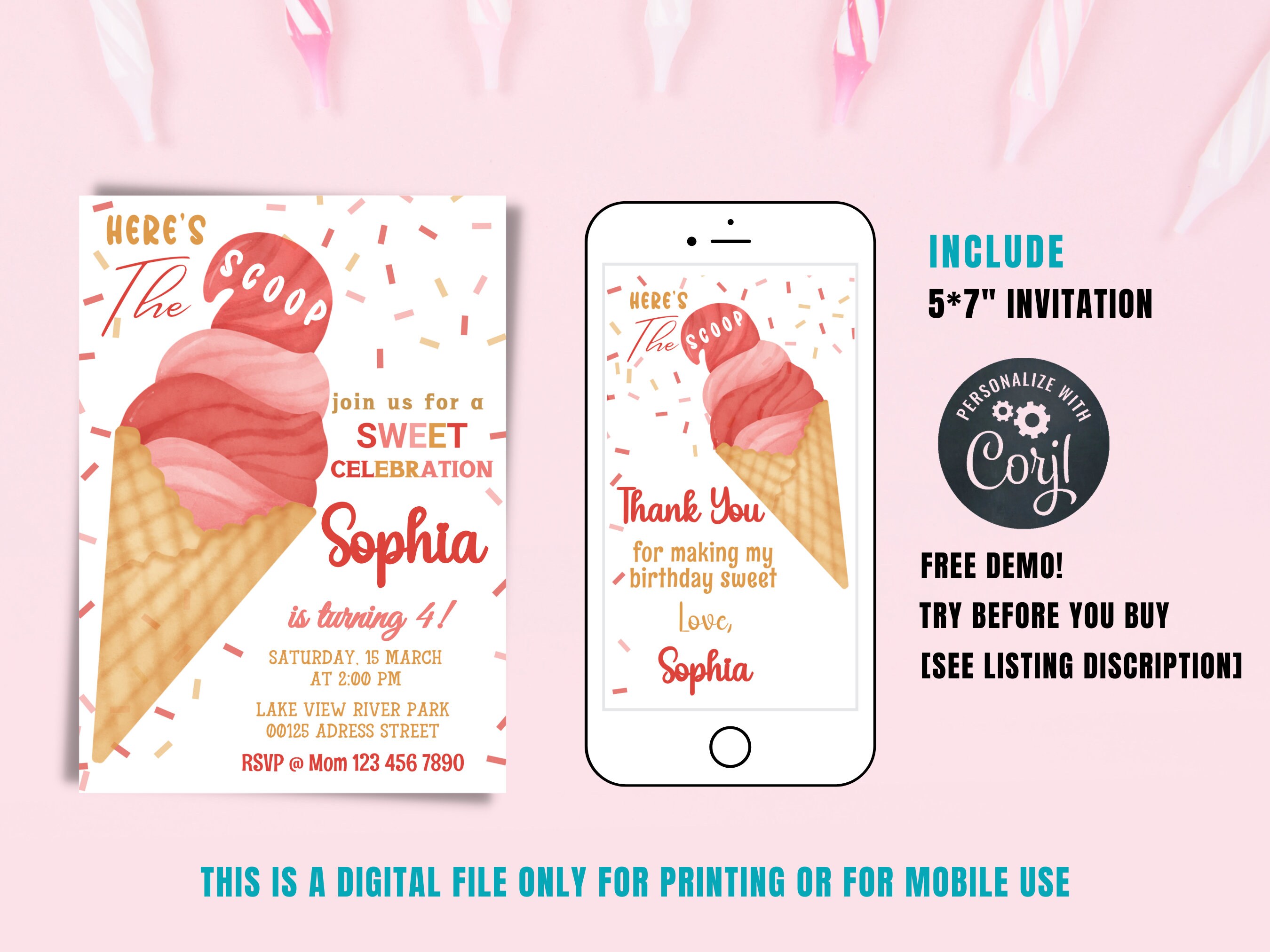 Editable Ice Cream Birthday Invitation, Ice Cream Party Invitation, 4th ...