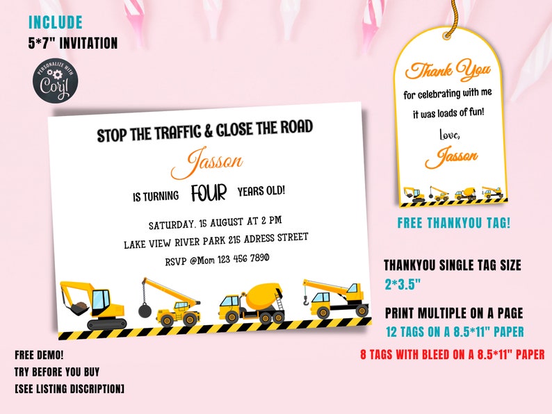 Construction Birthday Party Invitation Template, Construction Birthday ...