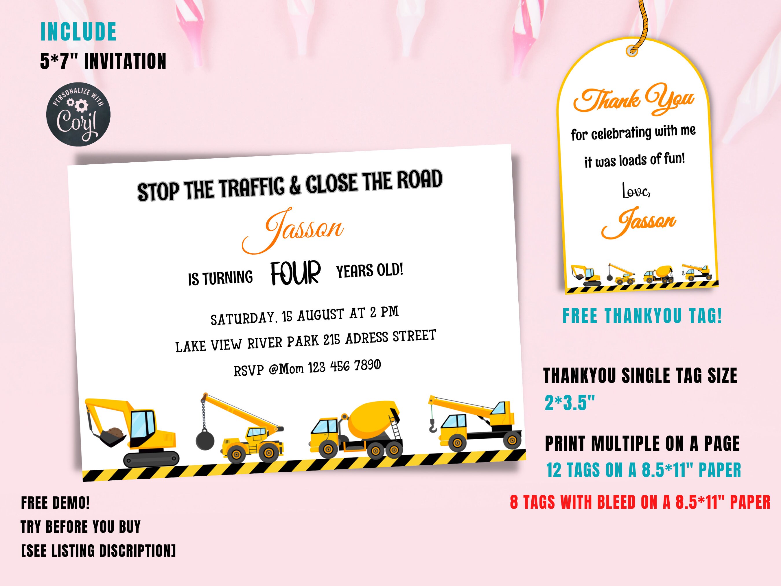 Construction Birthday Party Invitation Template, Construction Birthday ...