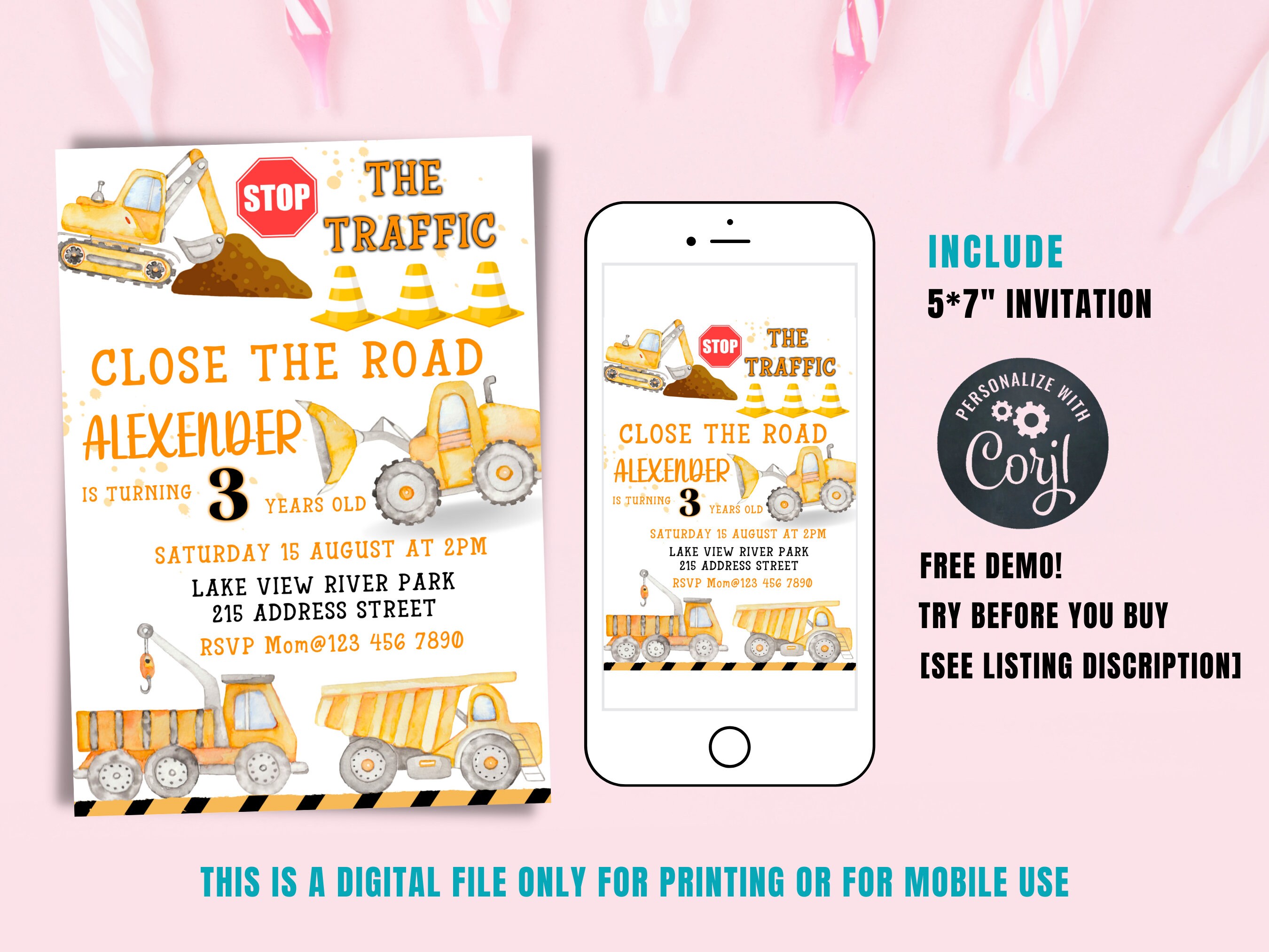 Construction Birthday Party Invitation, Editable Construction ...