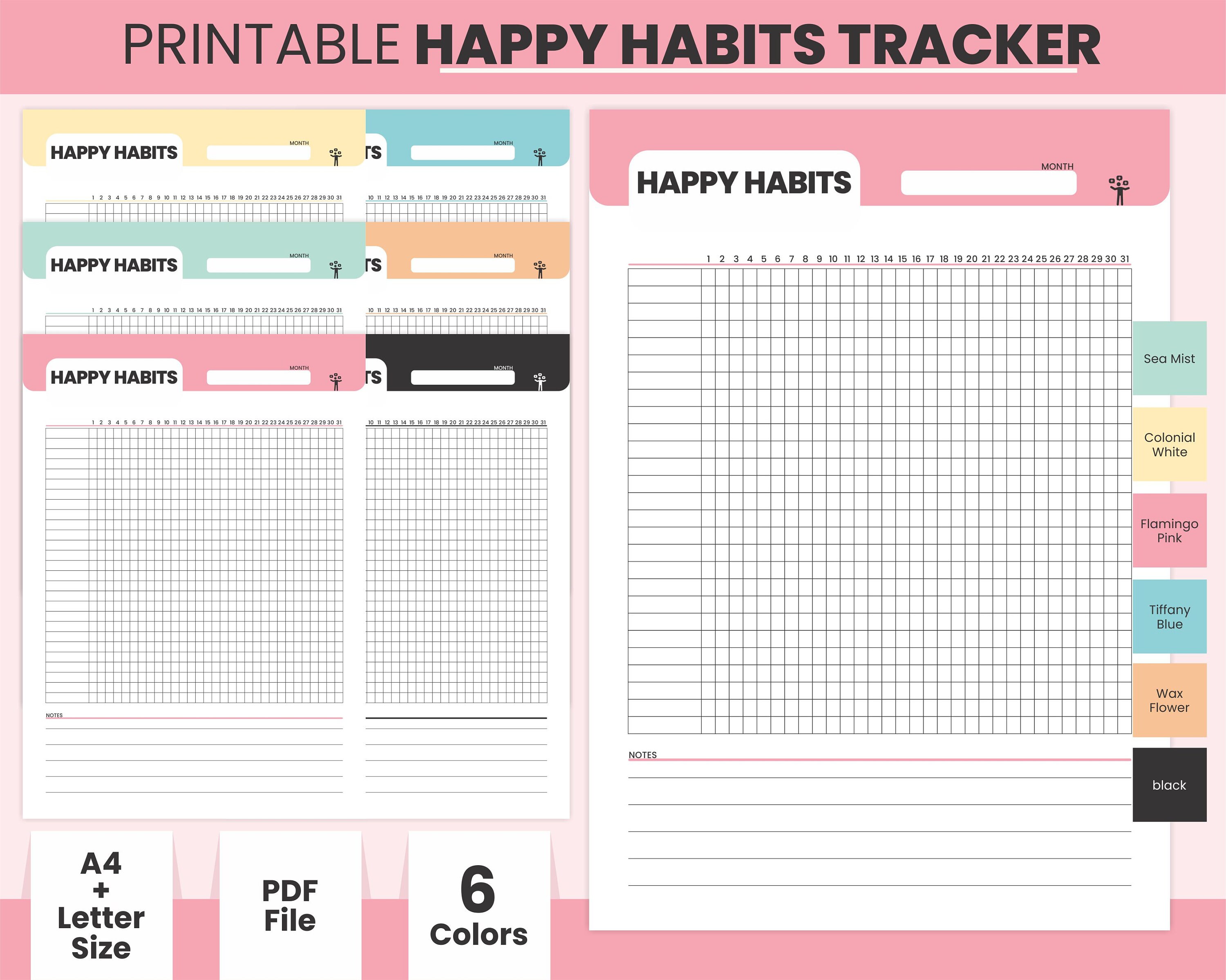 Printable Daily Happy Habits Tracking Checklist, PDF to Do Note Taking ...