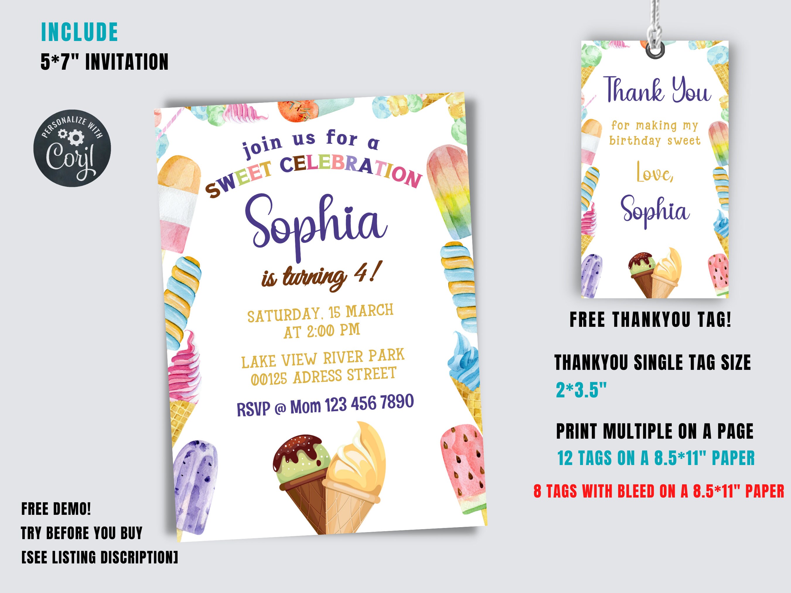 Editable Ice Cream Birthday Invitation, Ice Cream Party Invitation, 4th ...