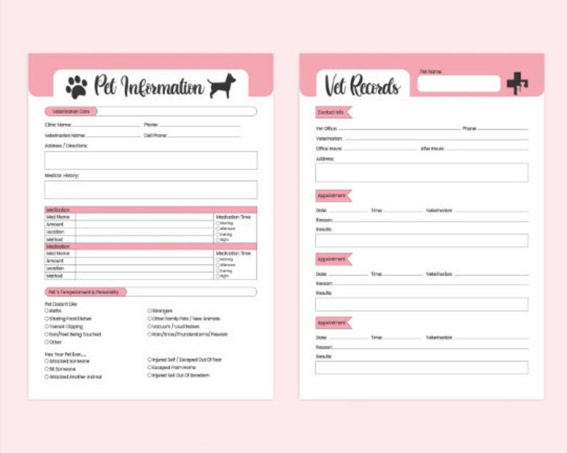 Printable Pet Information Log Puppy Care Templates Pet Vaccination ...