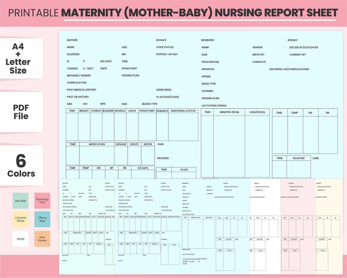 Printable 1 Patient Maternity Postpartum Nursing Report Sheet, Digital ...