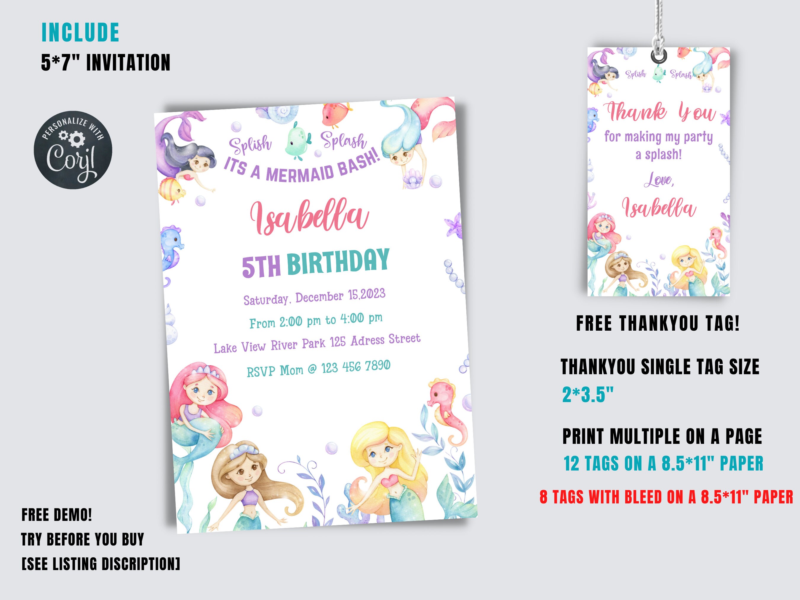 Editable Mermaid Birthday Invitation, Printable Mermaid Invitation ...