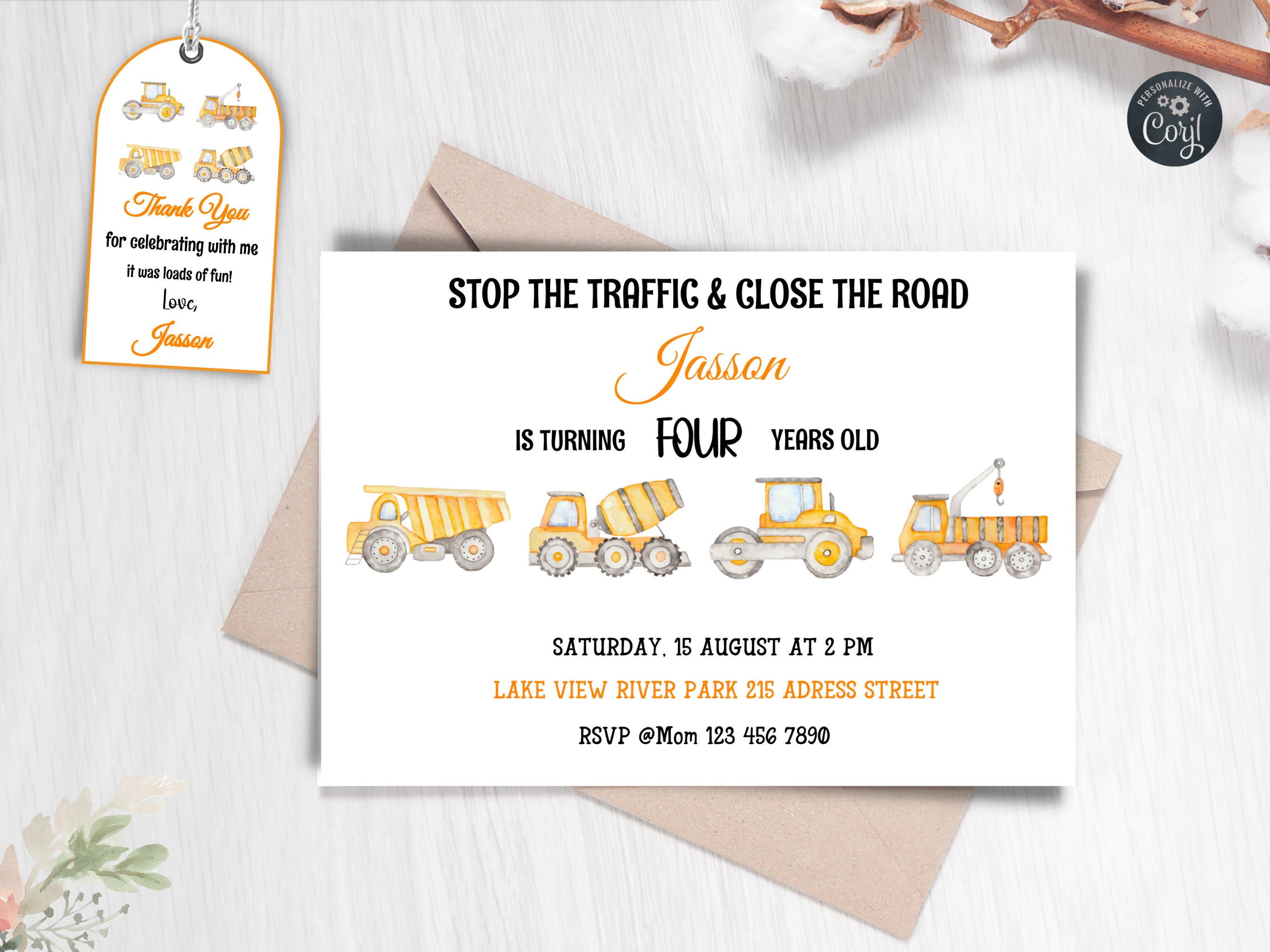Construction Birthday Party Invitation, Editable Construction ...