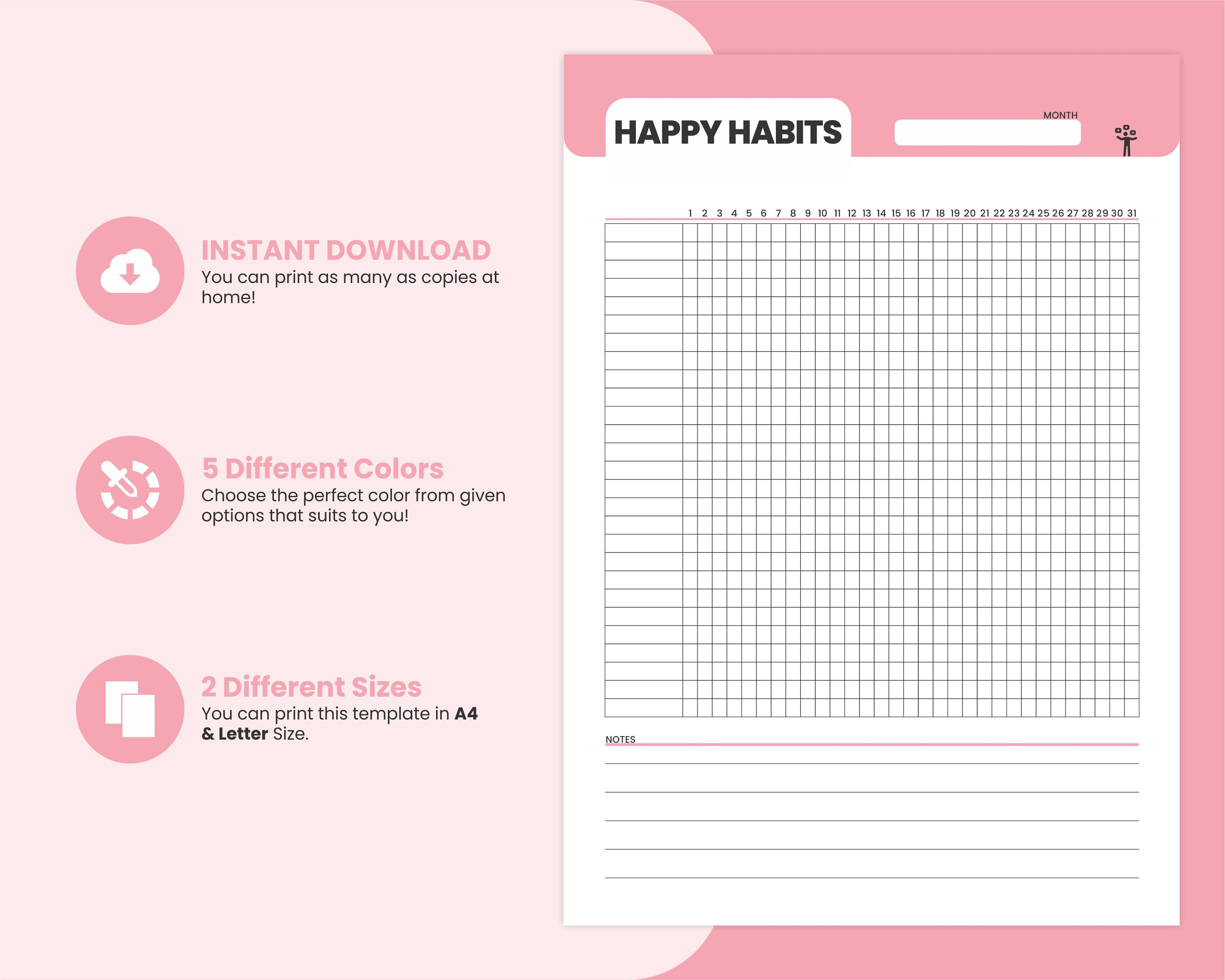 Printable Daily Happy Habits Tracking Checklist, PDF to Do Note Taking ...