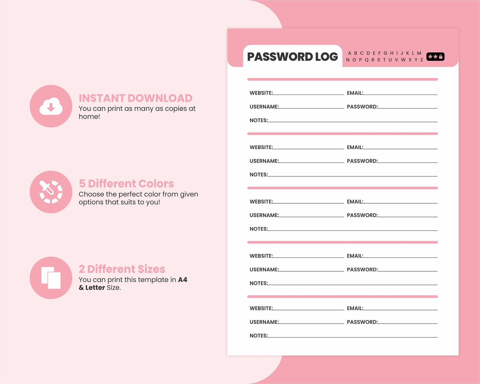 Printable Password Logbook, A4 Password Organizing Sheets, 5 Colors ...