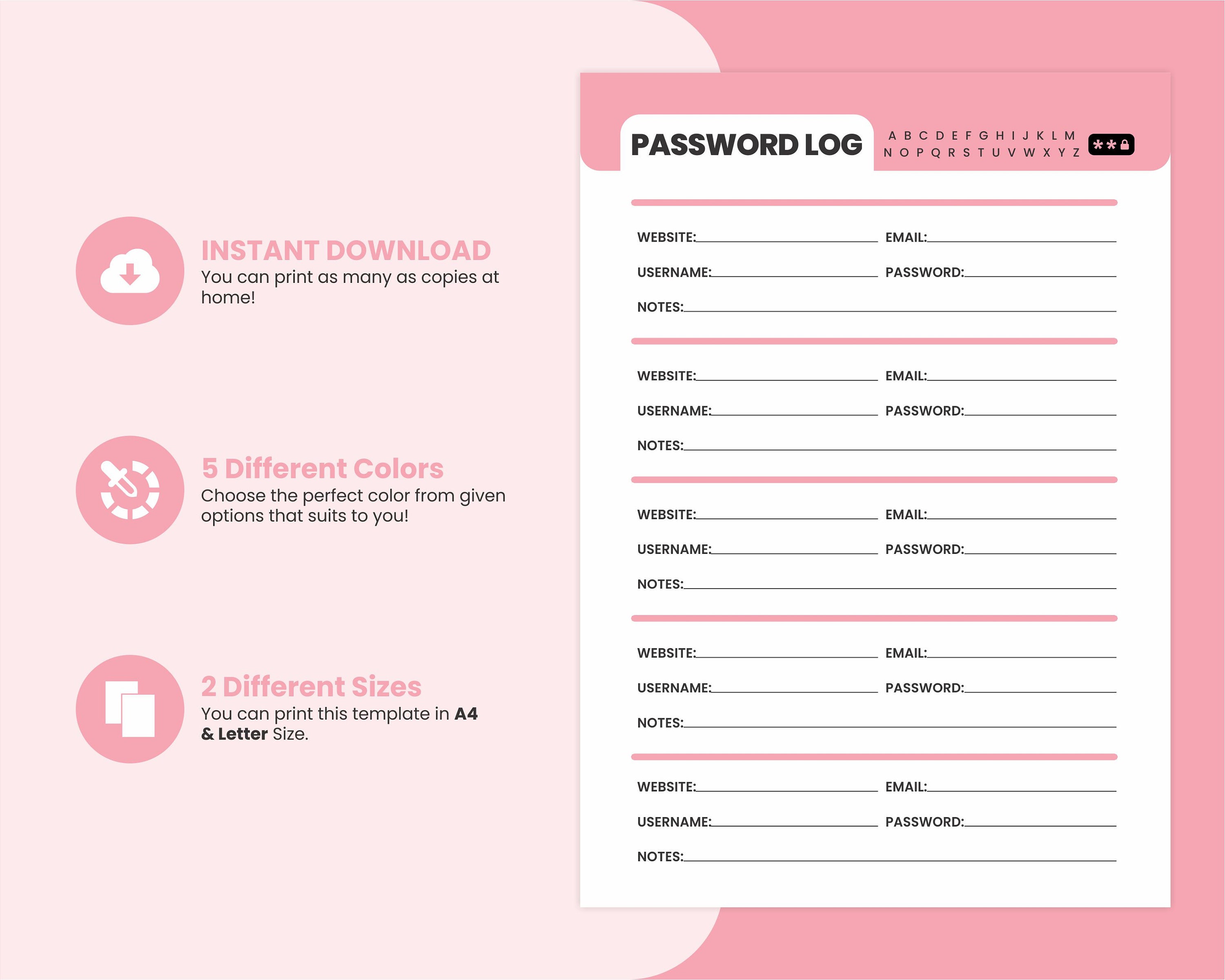 Printable Password Logbook, A4 Password Organizing Sheets, 5 Colors ...