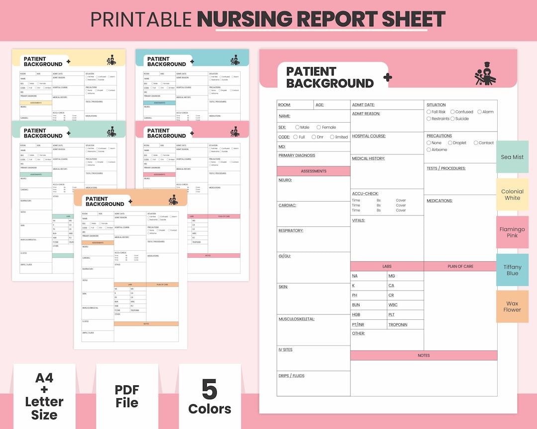 Printable Nursing Report Sheet, A4 and Letter Size ICU Nurses Resources ...