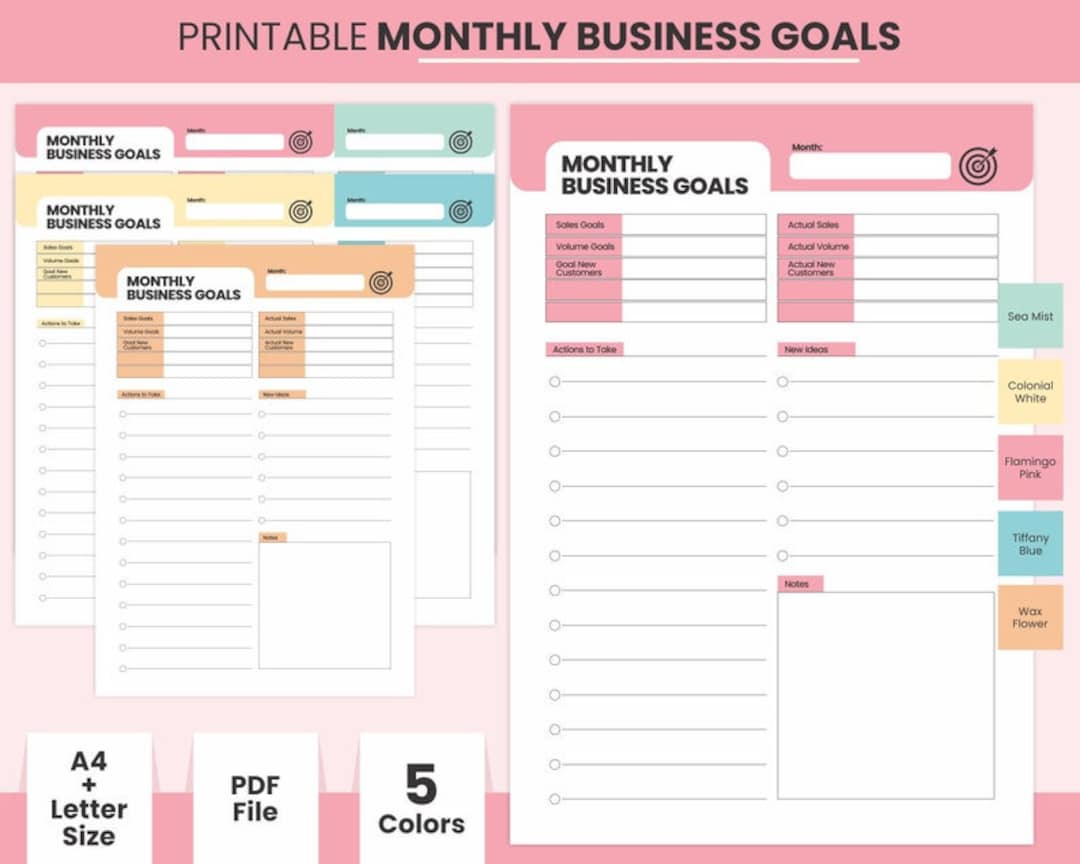 Printable Monthly Business Goals Sheet, Small Business Financial Goal ...