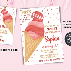Editable Ice Cream Birthday Invitation, Ice Cream Party Invitation, 4th ...