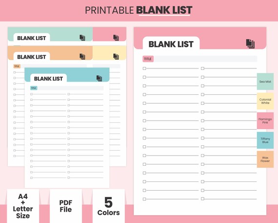 Printable Digital Blank List PDF Downloadable Checklist | Etsy