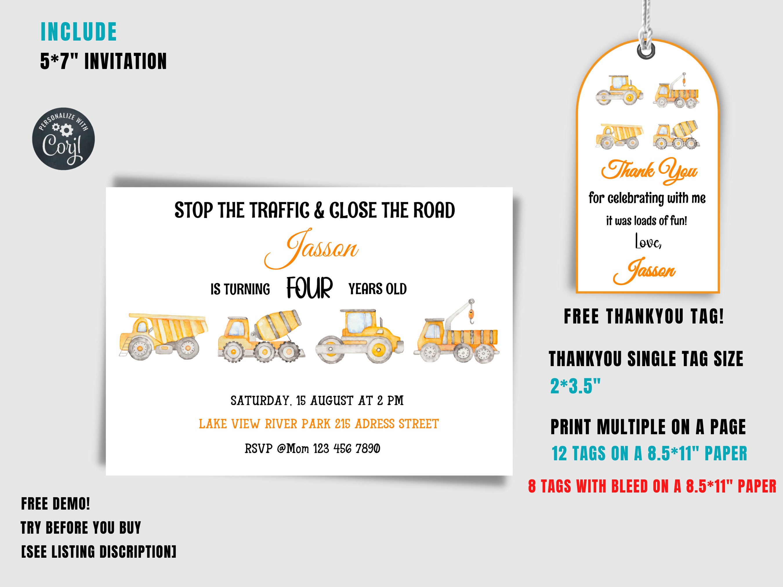 Construction Birthday Party Invitation, Editable Construction ...