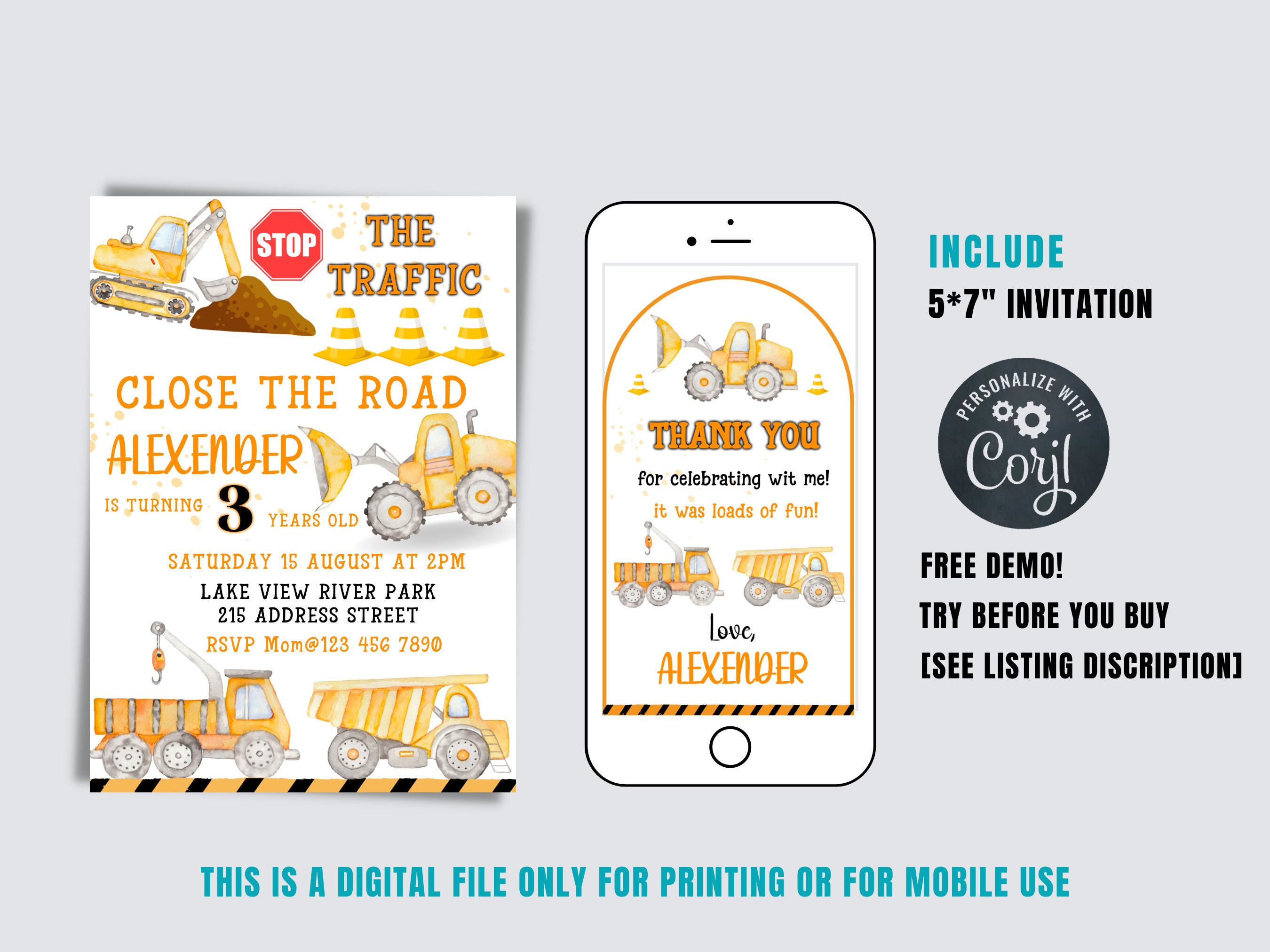 Construction Birthday Party Invitation, Editable Construction ...