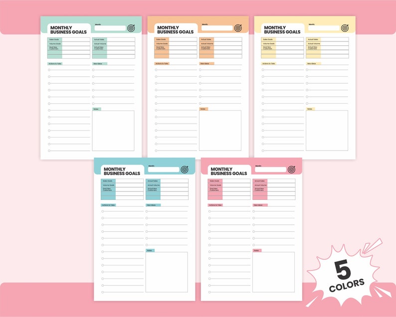Printable Monthly Business Goals Sheet, Small Business Financial Goal ...