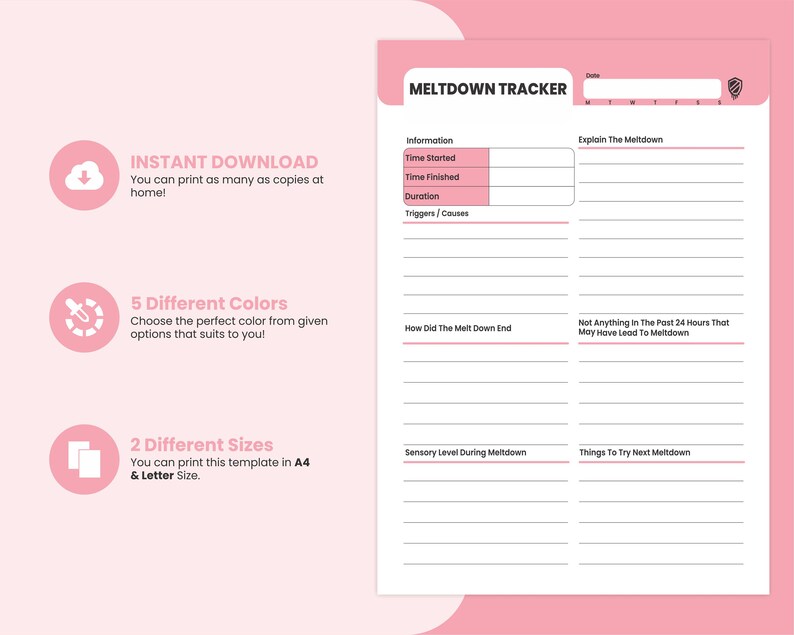 Printable Meltdown Tracker, Autism Planner, Adhd Workbook, Behavioural ...