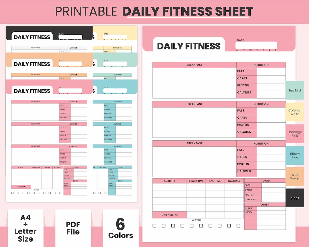 Daily Fitness Sheet Measurement Tracker, Household Binder, Workout ...
