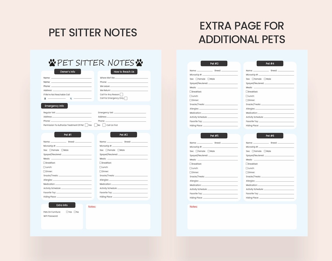 Pet Sitter Notes Printable Dog Sitter Notes Letter & A5 Size Pet Sitter ...