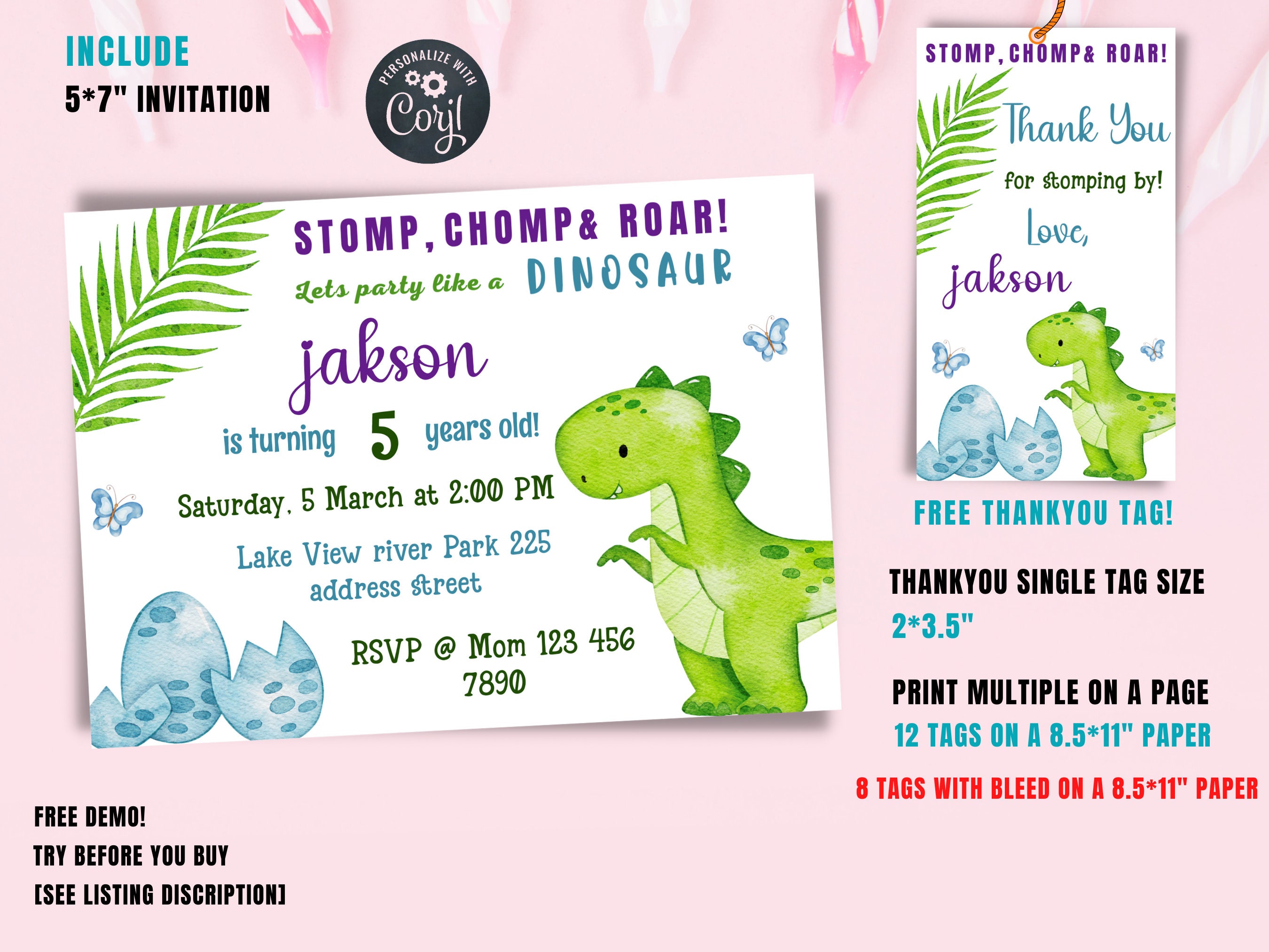 Editable Dinosaur Birthday Invitation Template, Dinosaur Party ...