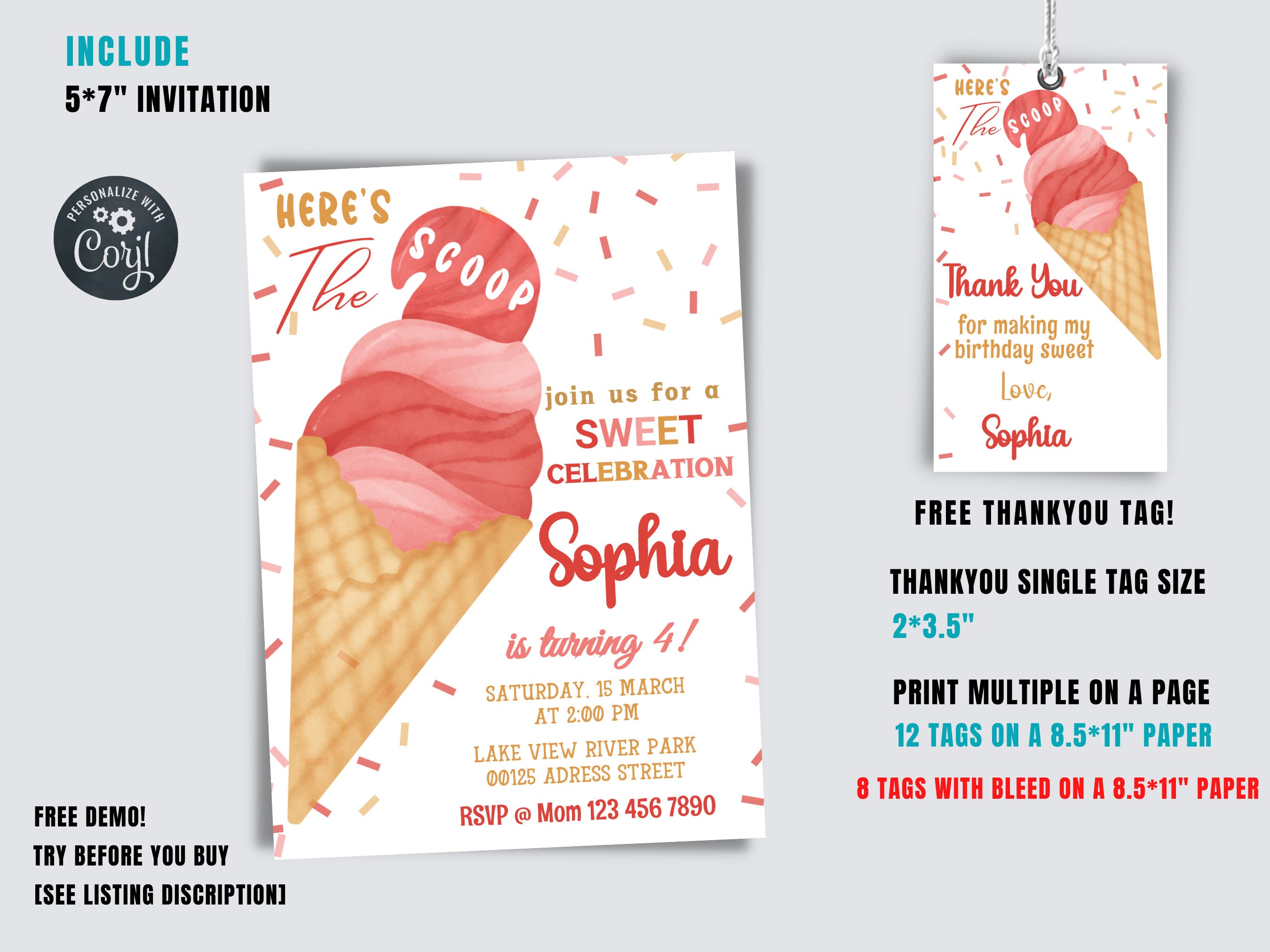 Editable Ice Cream Birthday Invitation, Ice Cream Party Invitation, 4th ...