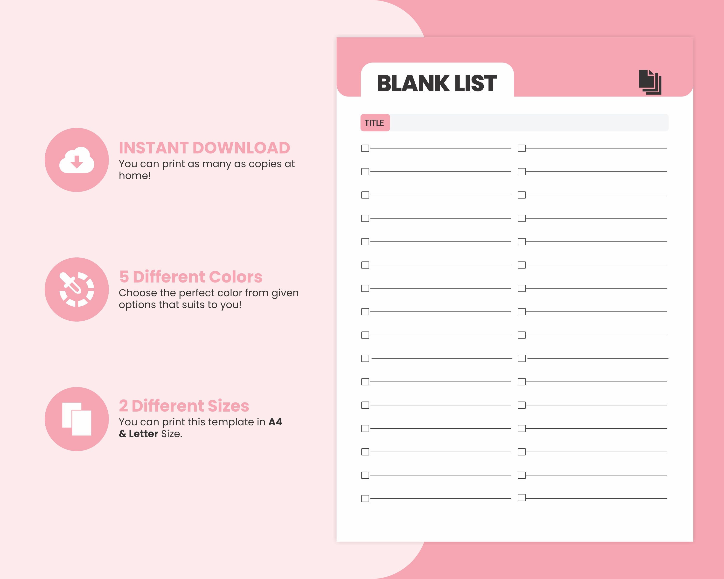 Printable Digital Blank List, PDF Downloadable Checklist Planner, Daily ...