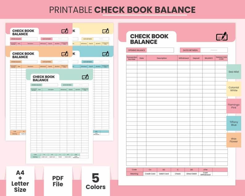 Printable Daily Check Book Balance Sheet Income & Expense Log Page A4 ...