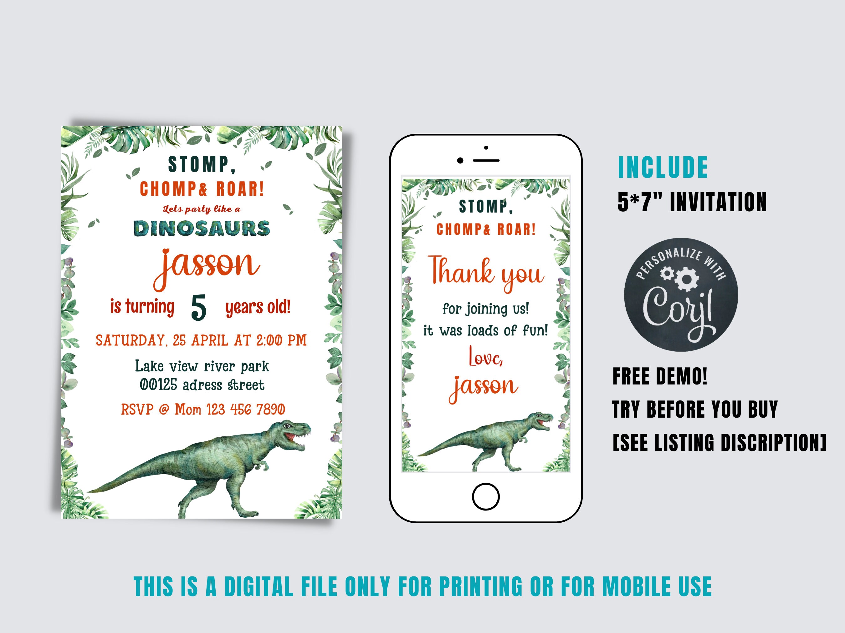 Editable Dinosaur Birthday Invitation Template, Dinosaur Party ...