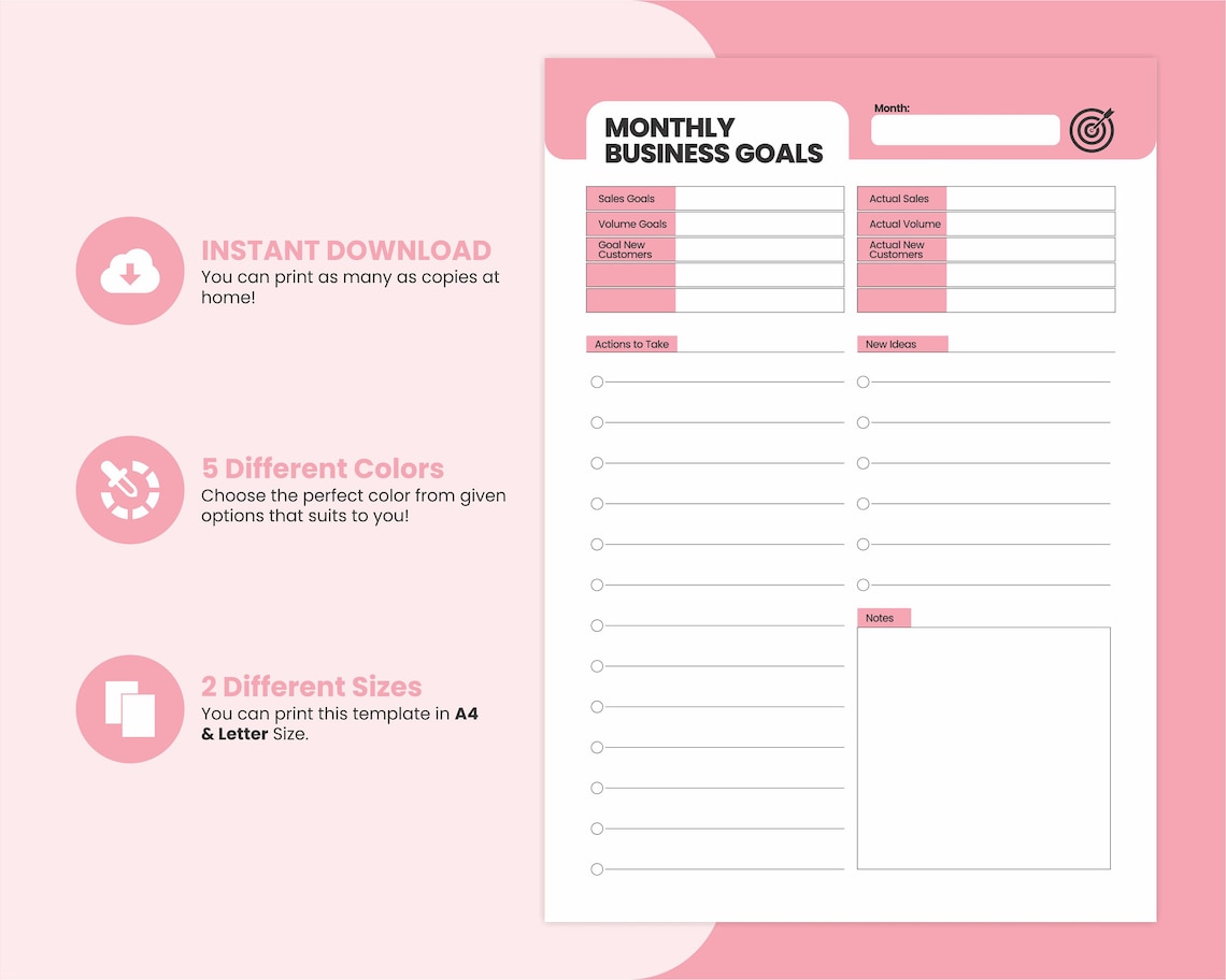 Printable Monthly Business Goals Sheet, Small Business Financial Goal ...