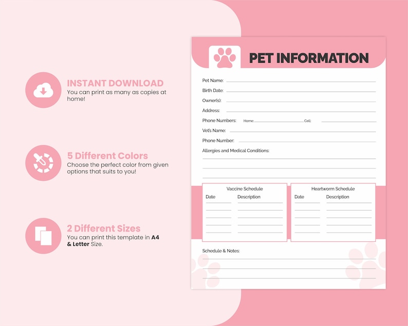 Printable Pet Sitter Notes for Pet Business Digital Animal Health ...