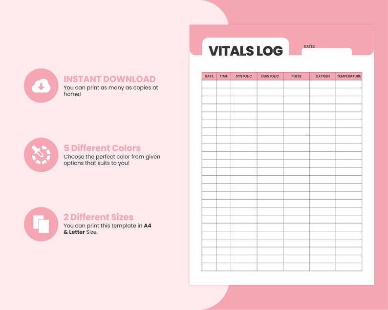 Printable Daily Vitals Tracker, Health Monitoring Planner, Blood ...