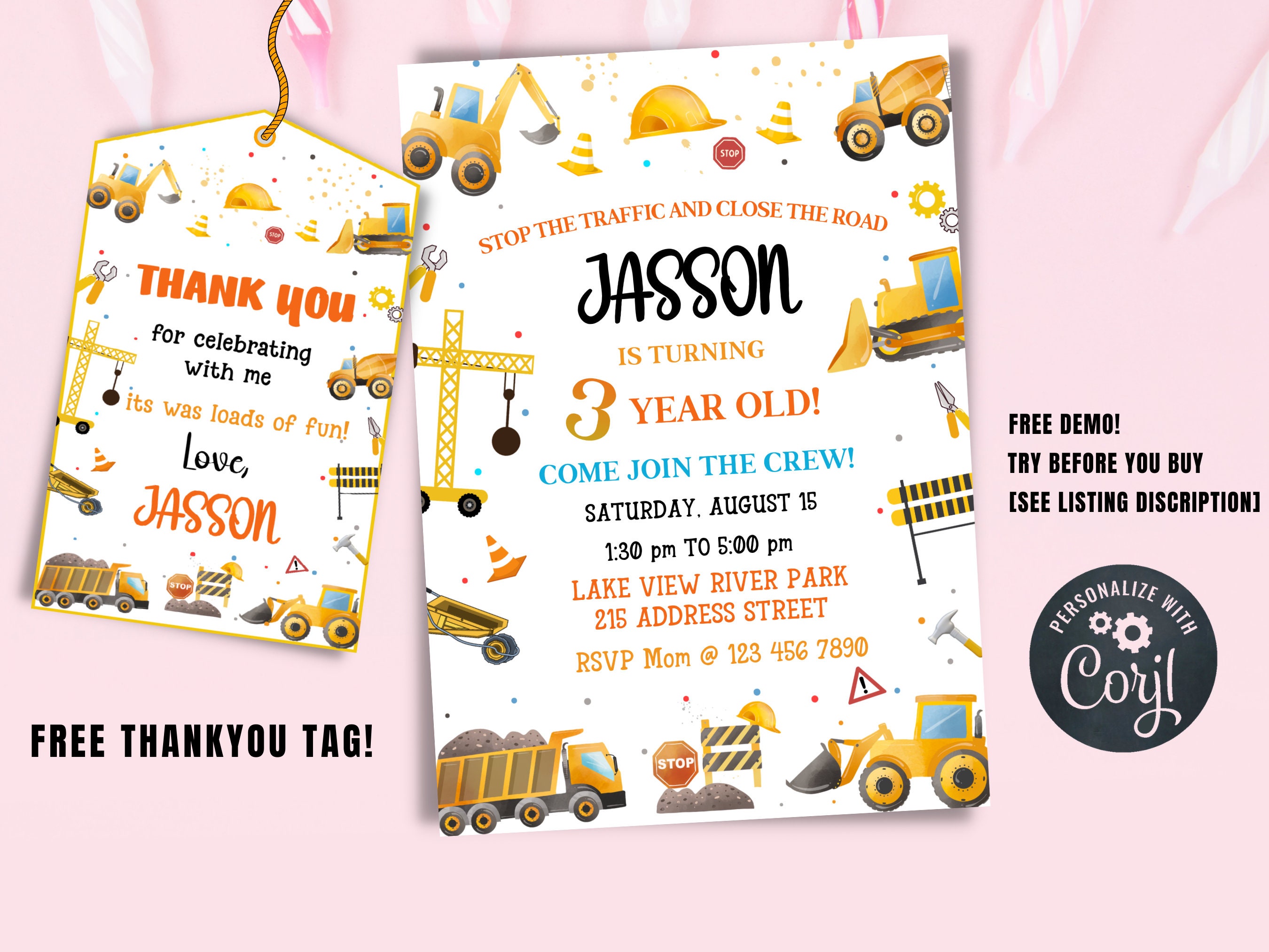 Construction Birthday Party Invitation Template, Construction Birthday ...