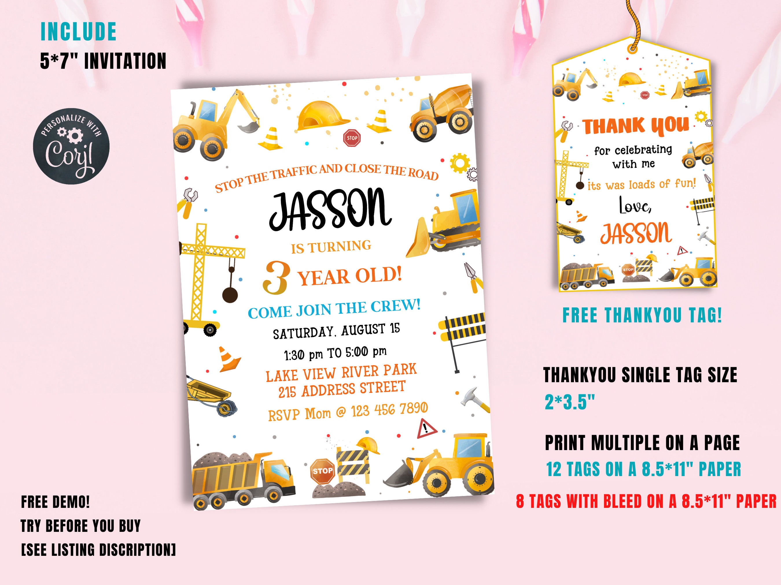 Construction Birthday Party Invitation Template, Construction Birthday ...