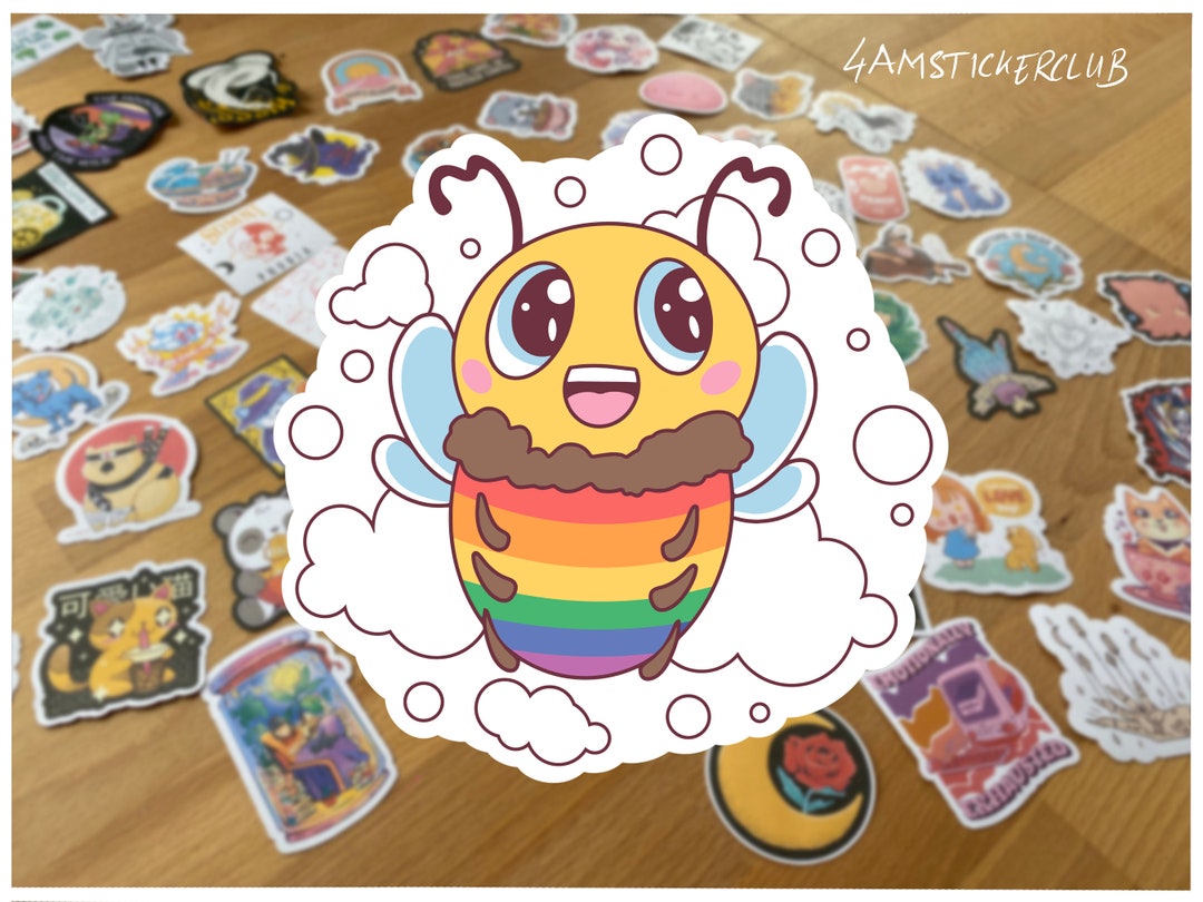 Cute Little Fluffy Rainbow Bumblebee Sticker Chubby Animal Artwork Bee ...