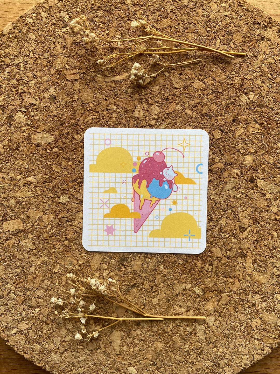 Kawaii Ice Cream Sticker Cherry Cat Sticker Vapor Wave Sticker Bright ...