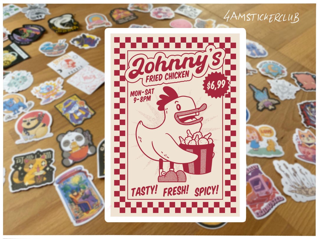 Johnny’s Fried Chicken Sticker Vinyl Waterproof Funny Retro Food Ad ...