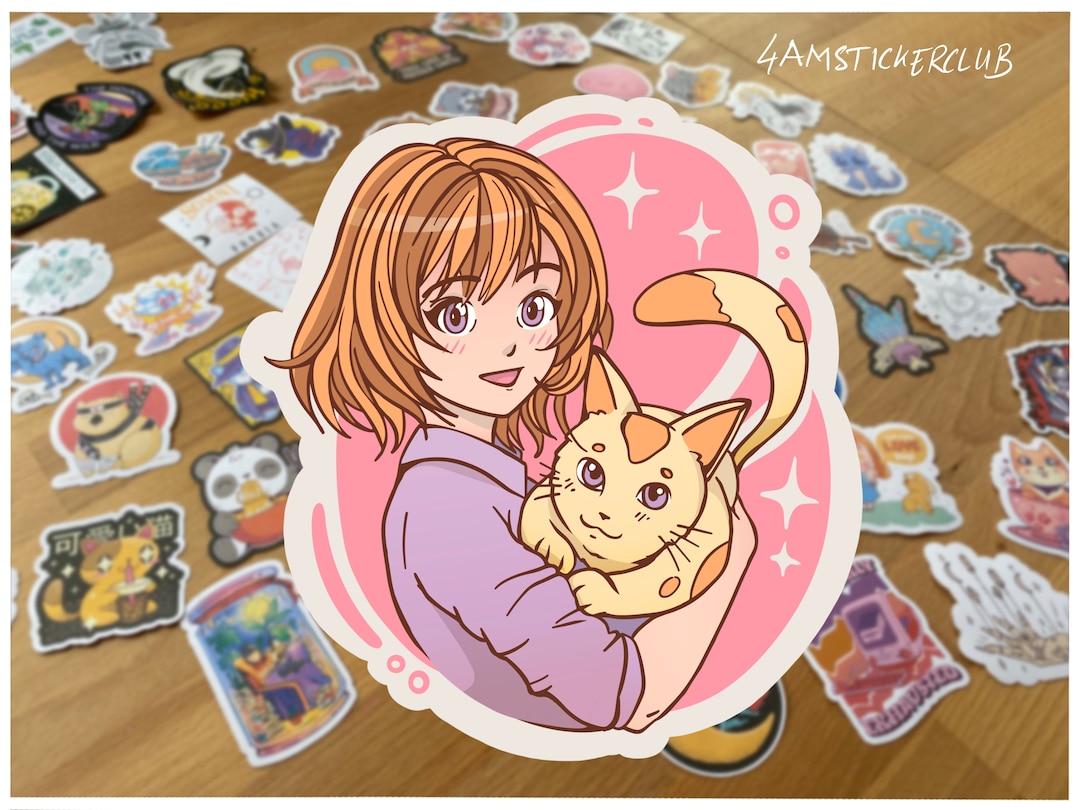 Kawaii Anime Girl and Cat Sticker: Manga Theme Illustration - Etsy