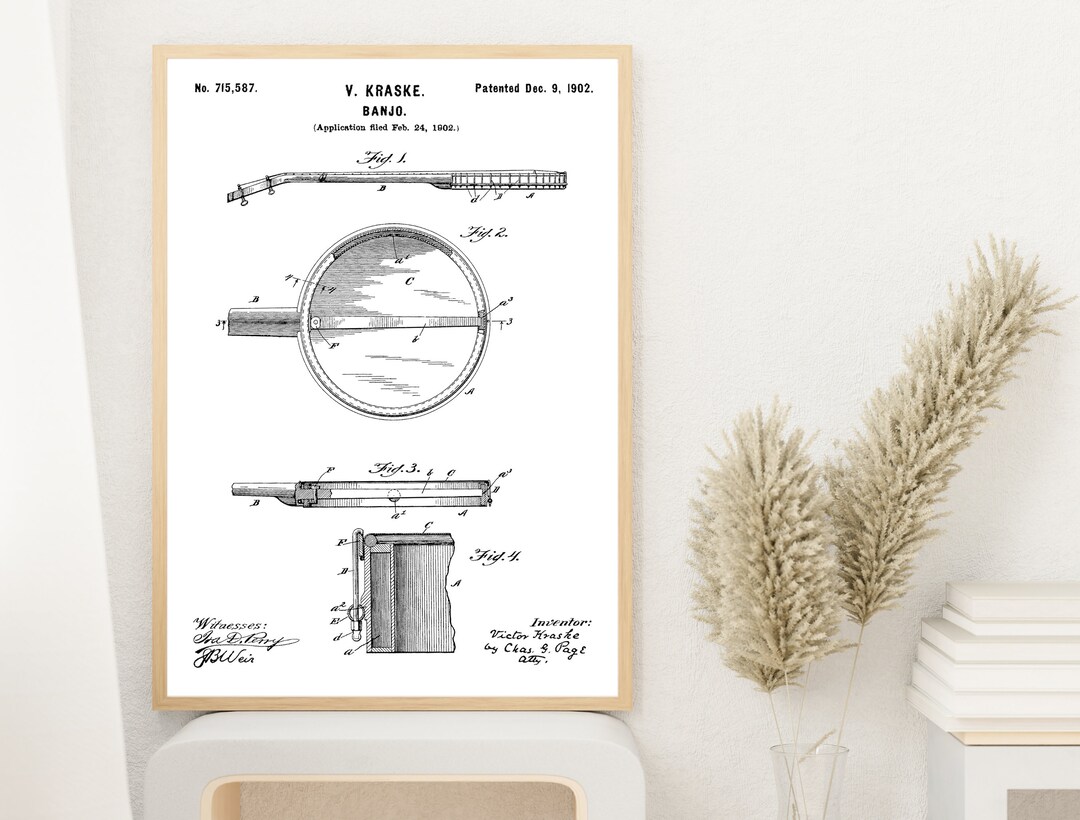 Wooden Banjo Blueprint Banjo Patent Art Country Music Poster Mandolin ...