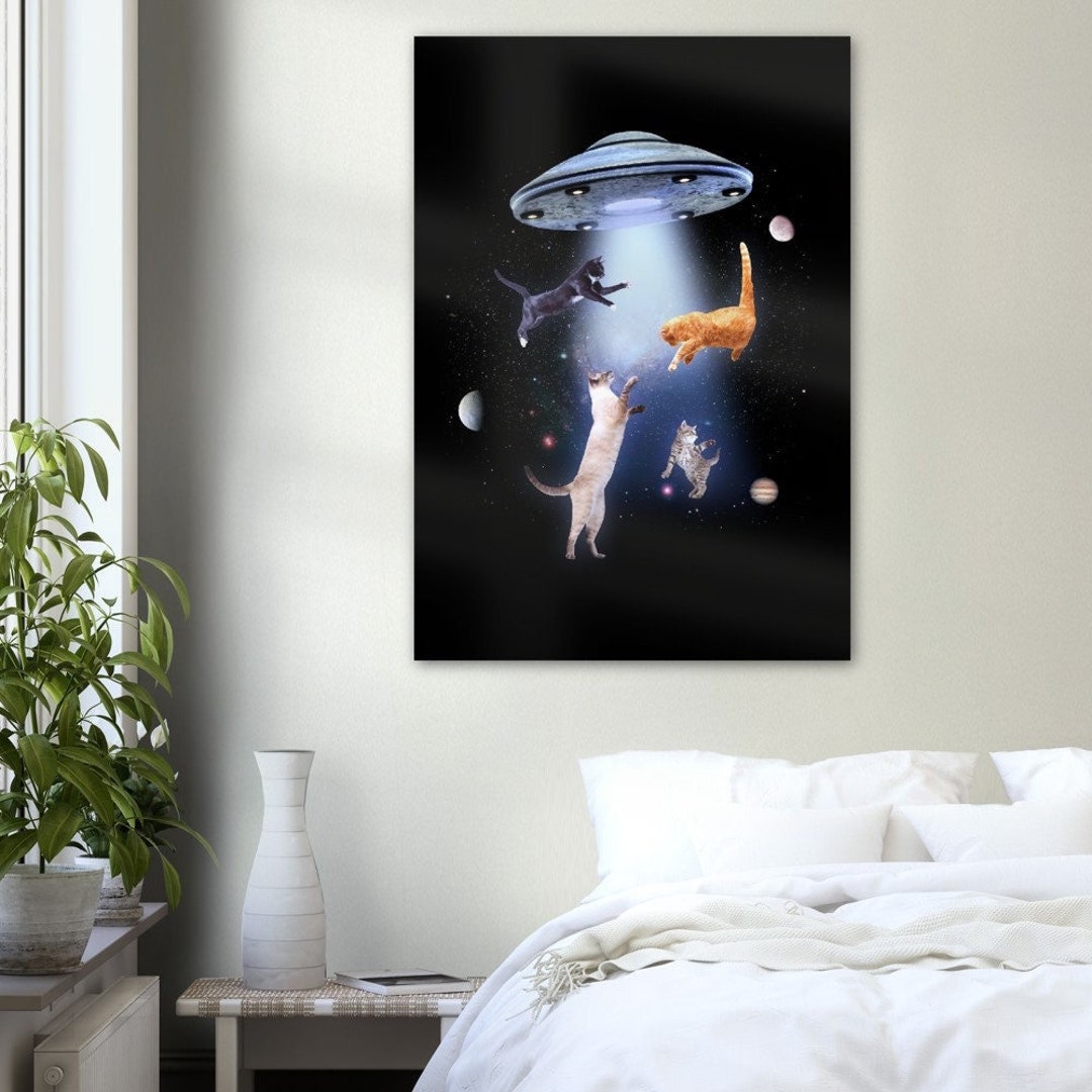 Funny Cat Abduction Wall Art Alien Abduction Poster Outer Space Cat ...