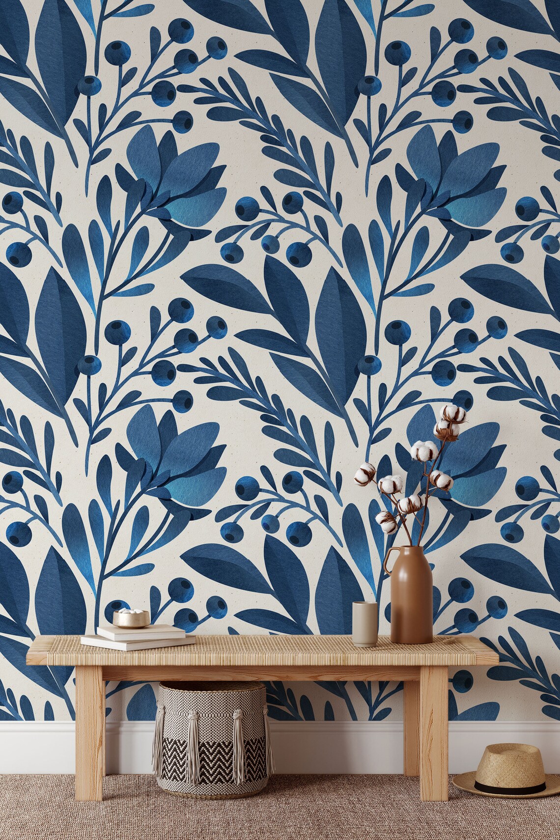 Boho Blueberries Peel and Stick Wallpaper | Scandinavian Design for ...