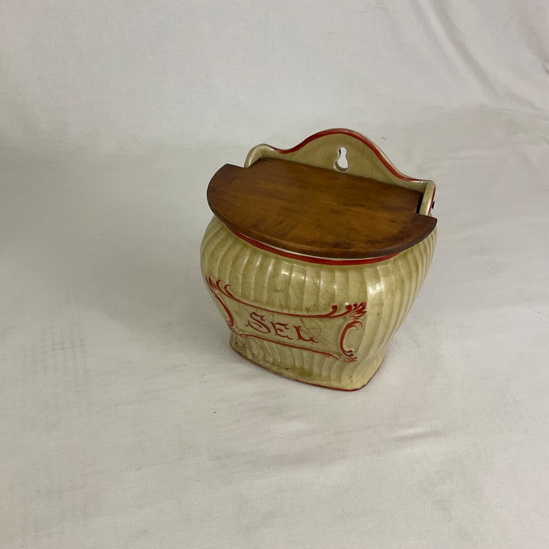 Vintage Shabby Chic Boho French Antique Ceramic Salt Box With Wooden ...