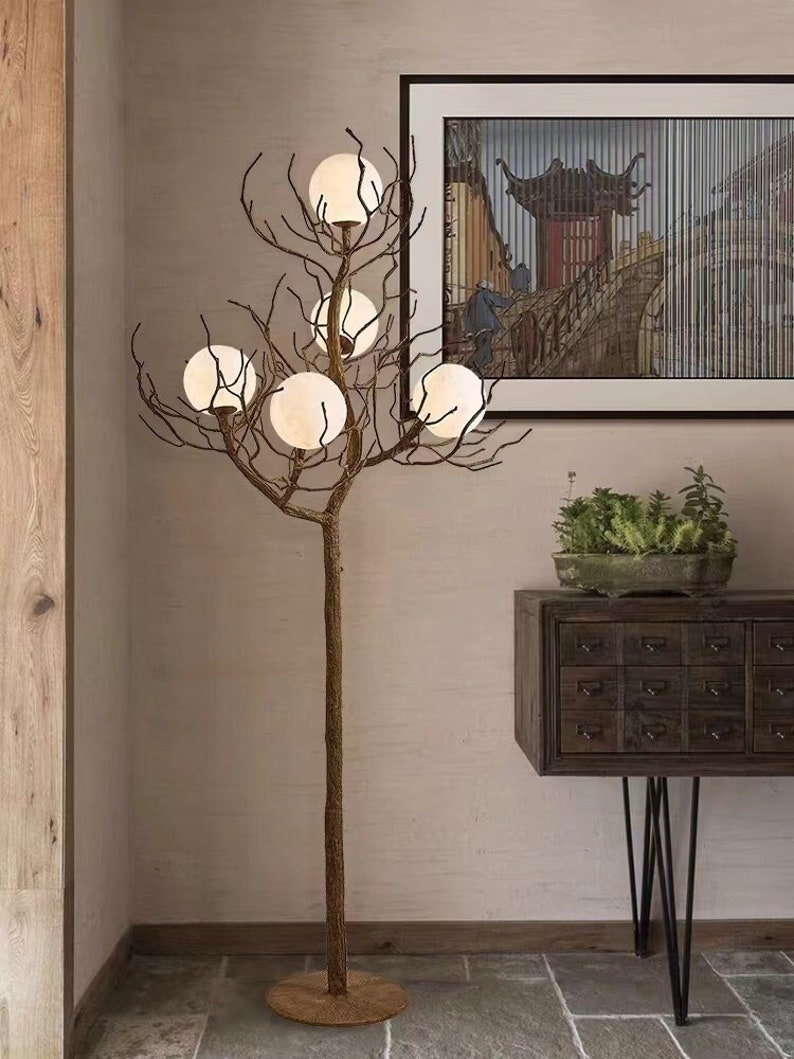 Nordic Style Tree Branch Floor Lamp With White Moon Bubble Glass Light ...